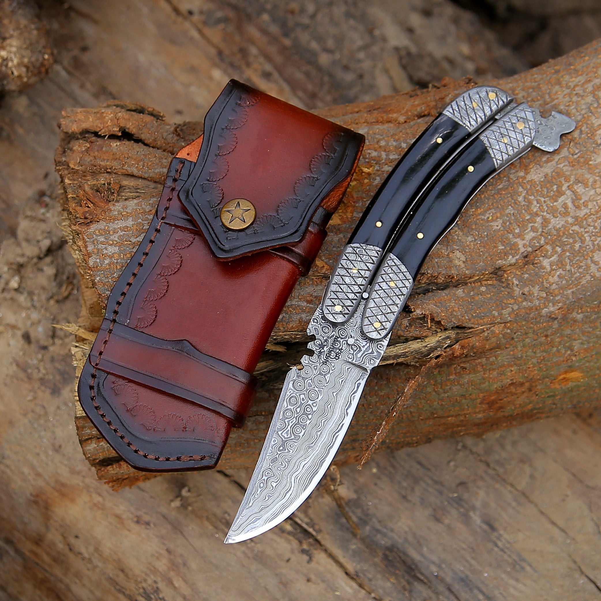 Lunar Damascus Butterfly Knife with Bull Horn Handle – RackUp+Go