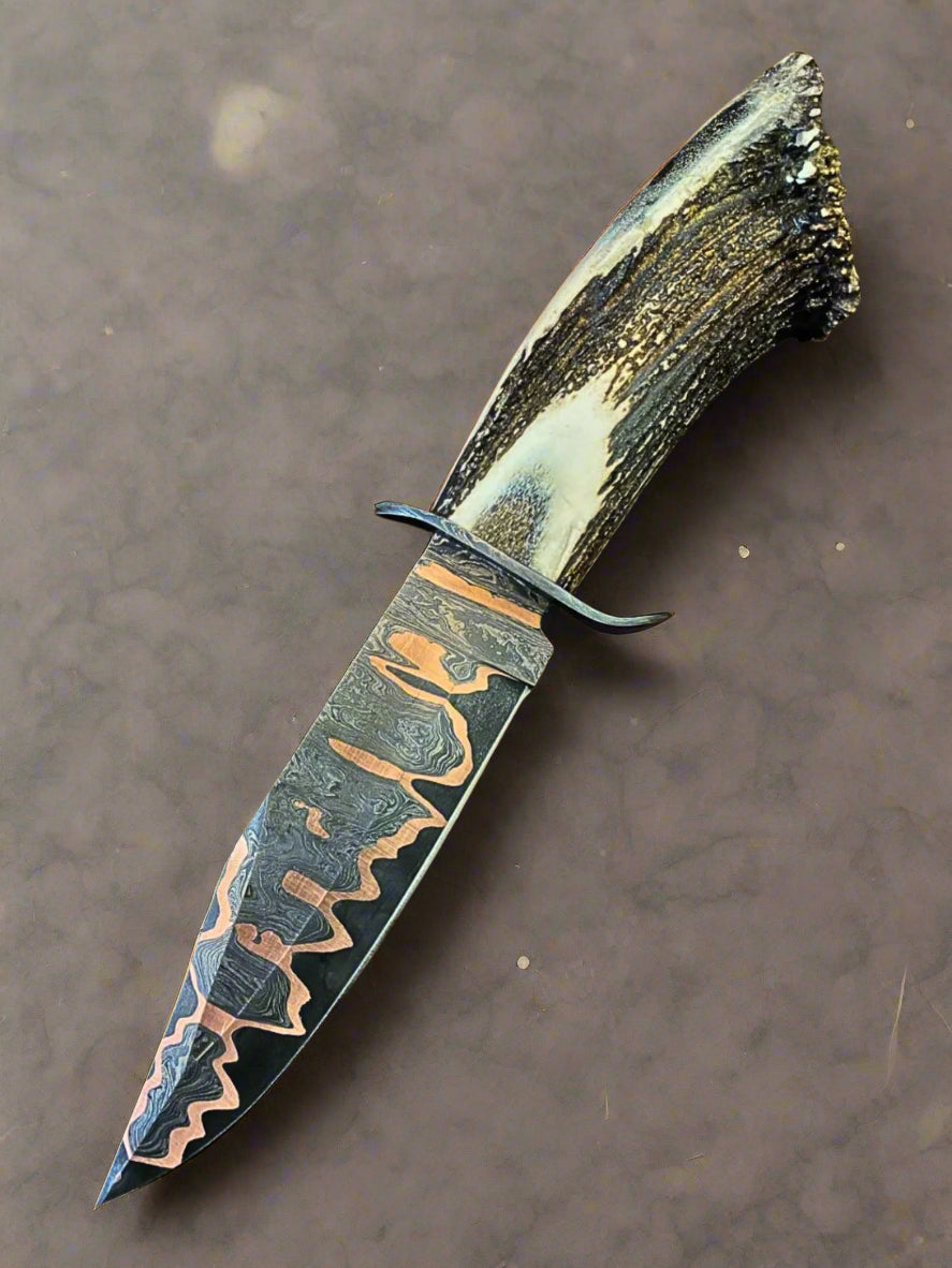 Crusader Copper & 1095 Damascus Hunting Knife with Antler Handle ...