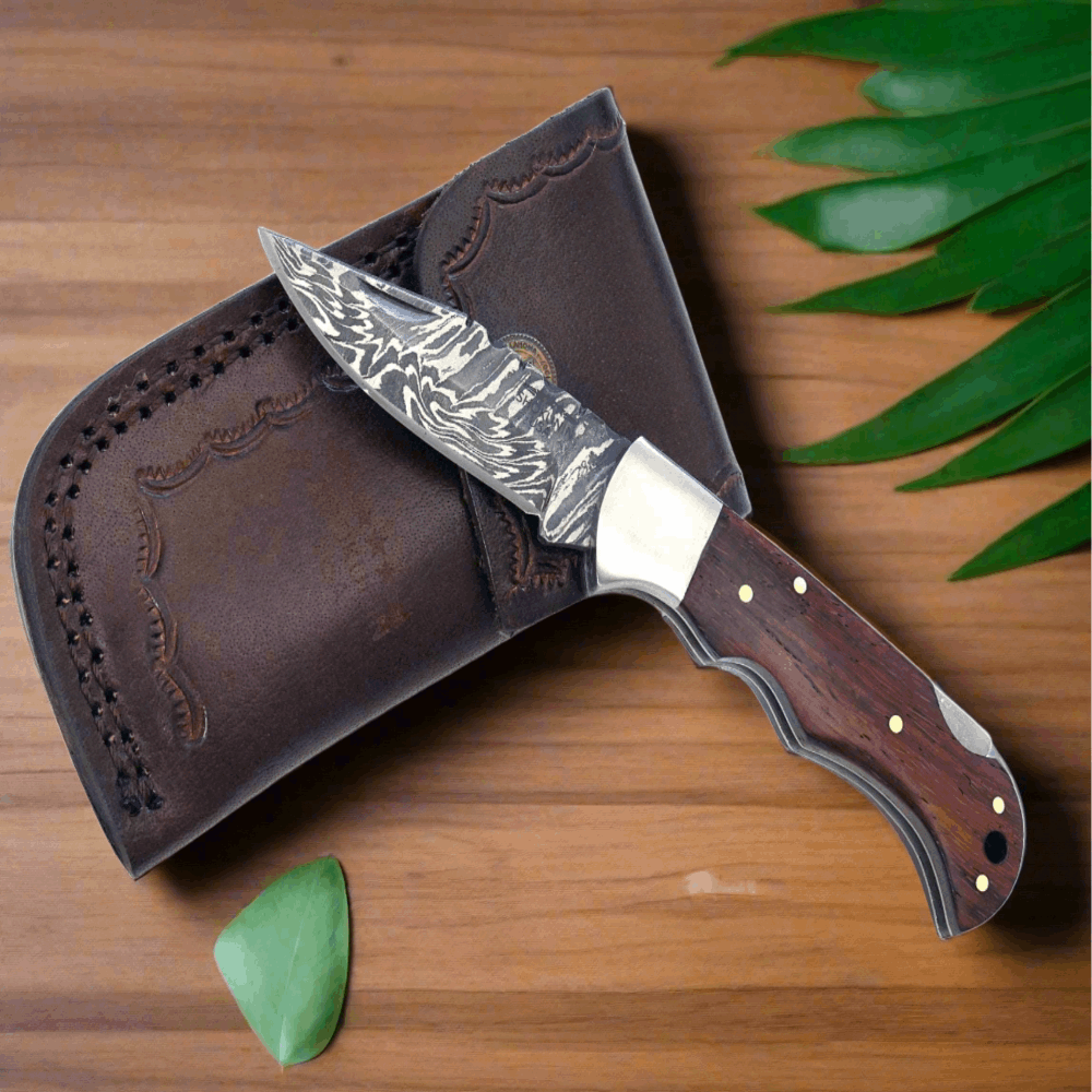 Excalibur Damascus Pocket Knife with Exotic Red Heart Wood Handle ...