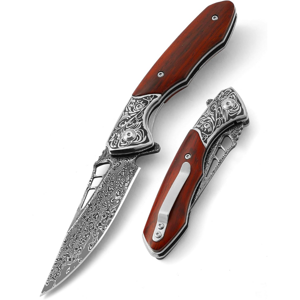 Artemis Japanese VG10 Damascus Pocket Knife with Clip & Exotic Red San ...