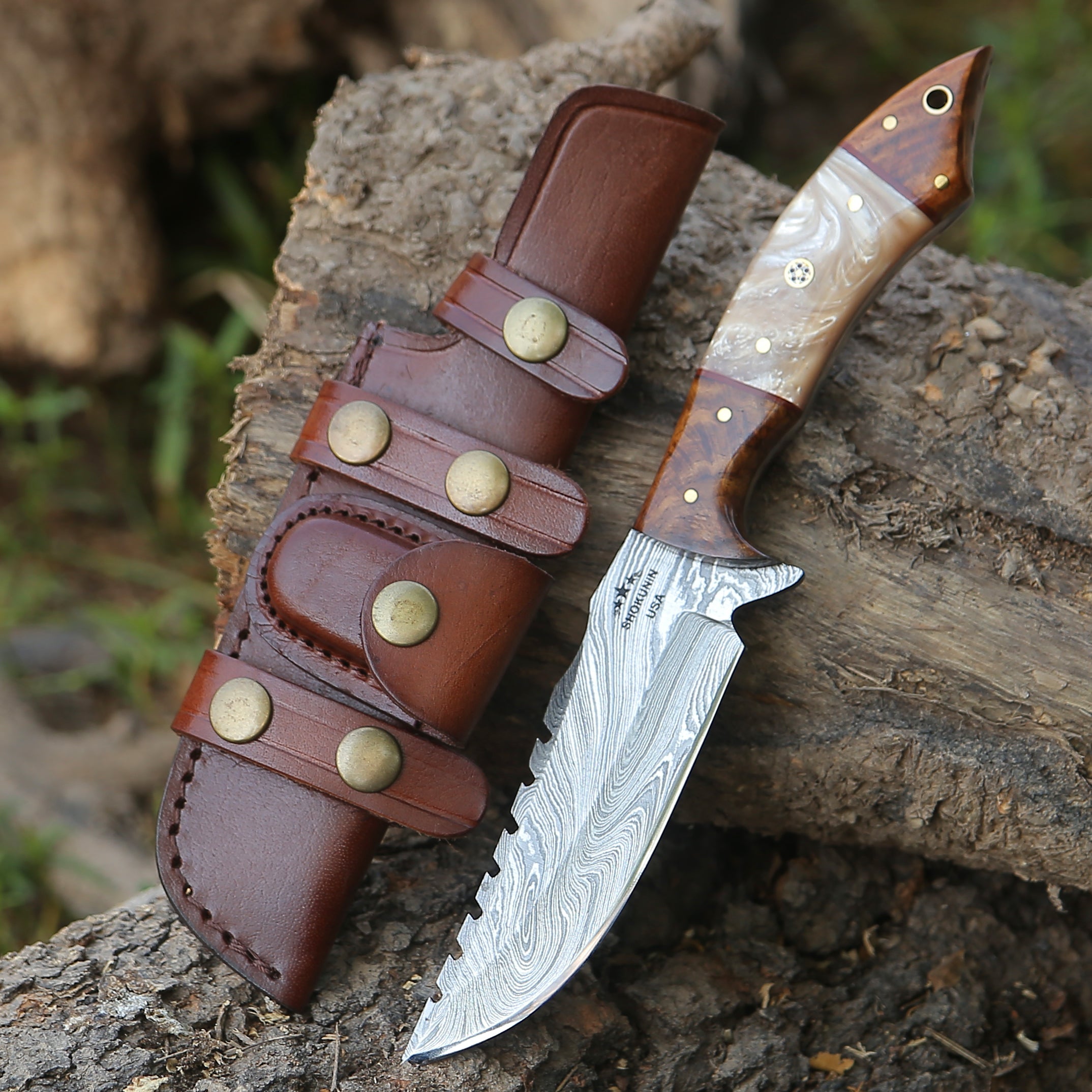 Ravager Handmade Damascus Knife with Mother of Pearl Resin & Rosewood ...