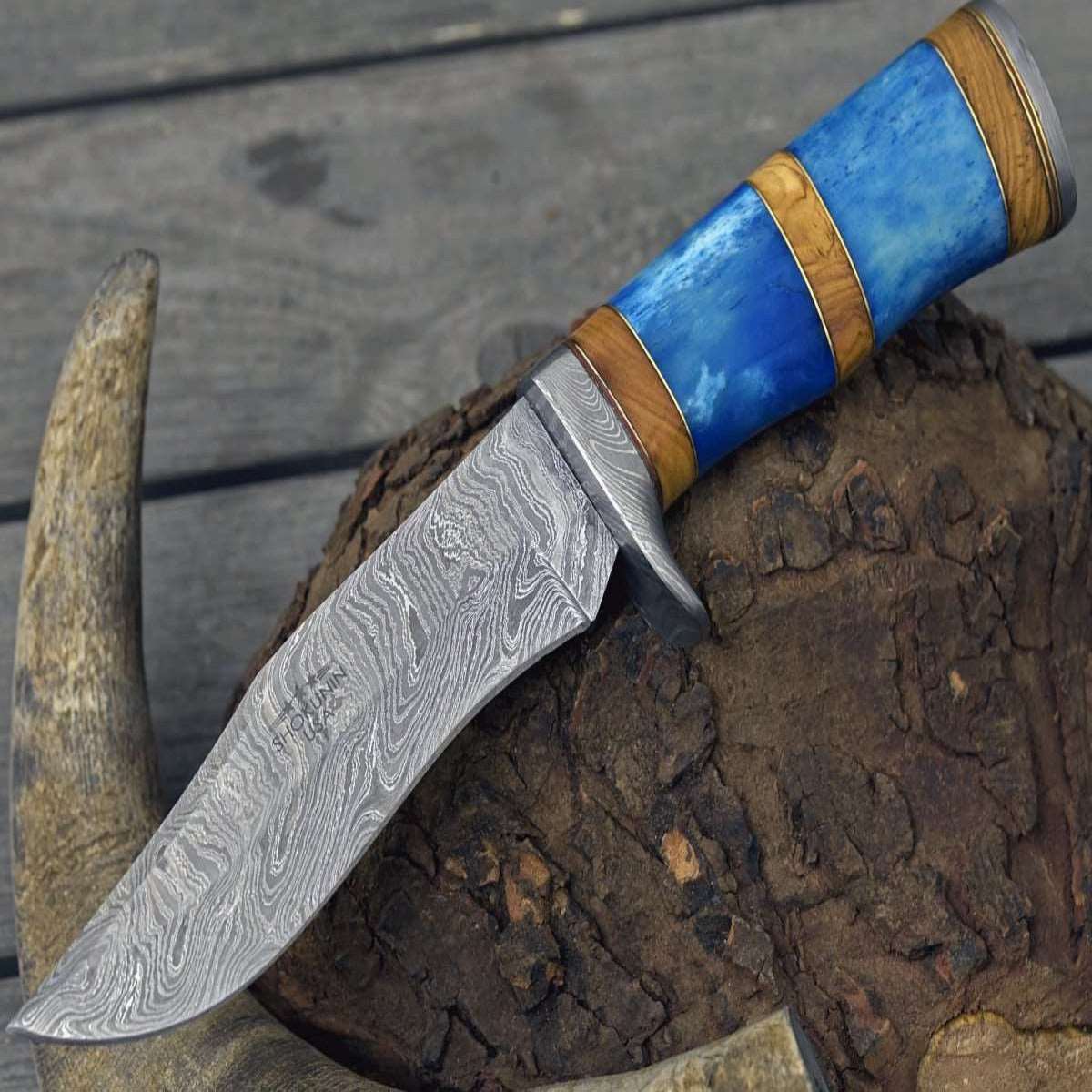 Lightbane Damascus Big Game Hunting Knife with Bone, Olive Wood Handle ...